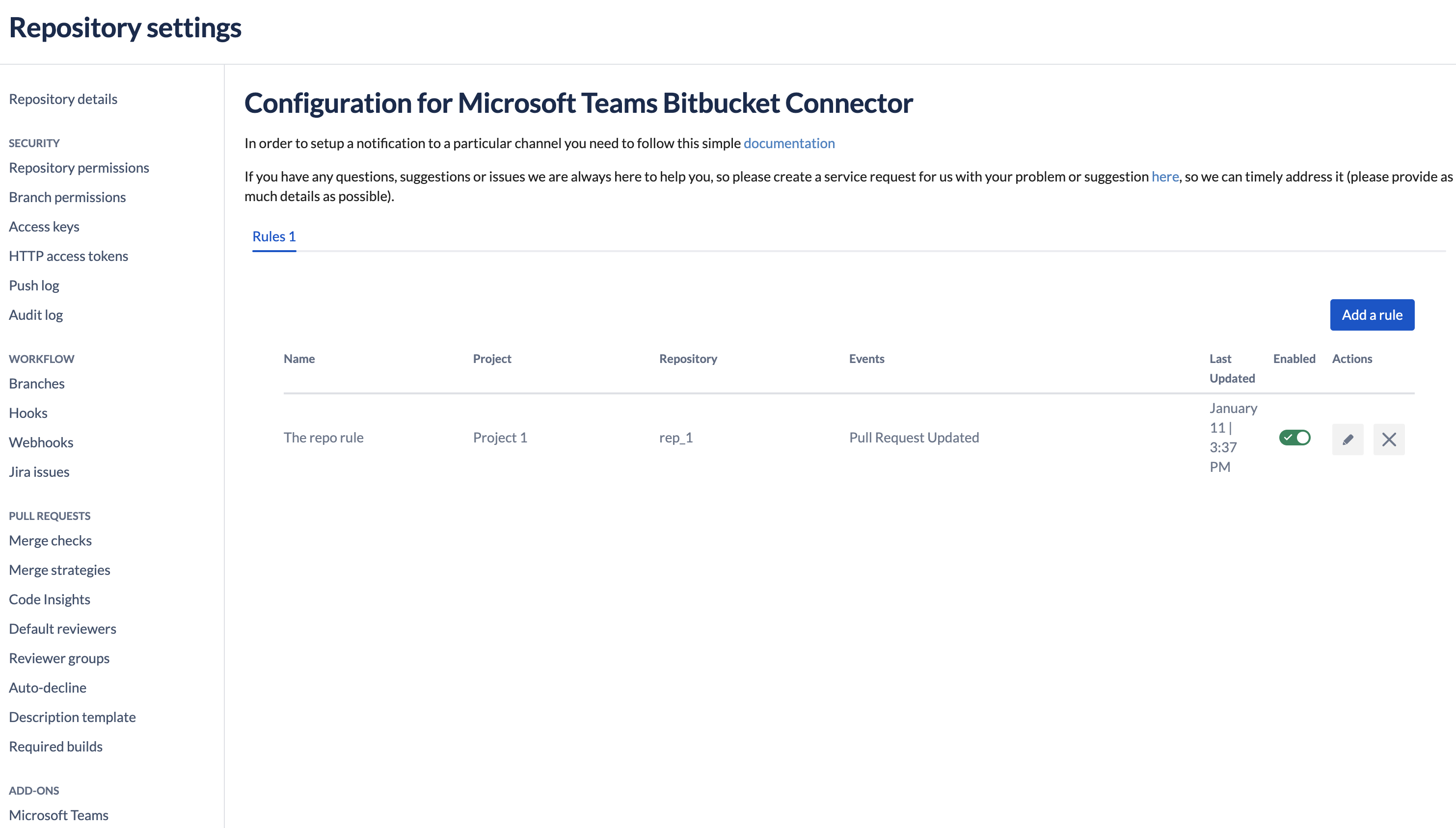 Advanced Microsoft Teams Bitbucket Connector Repository settings