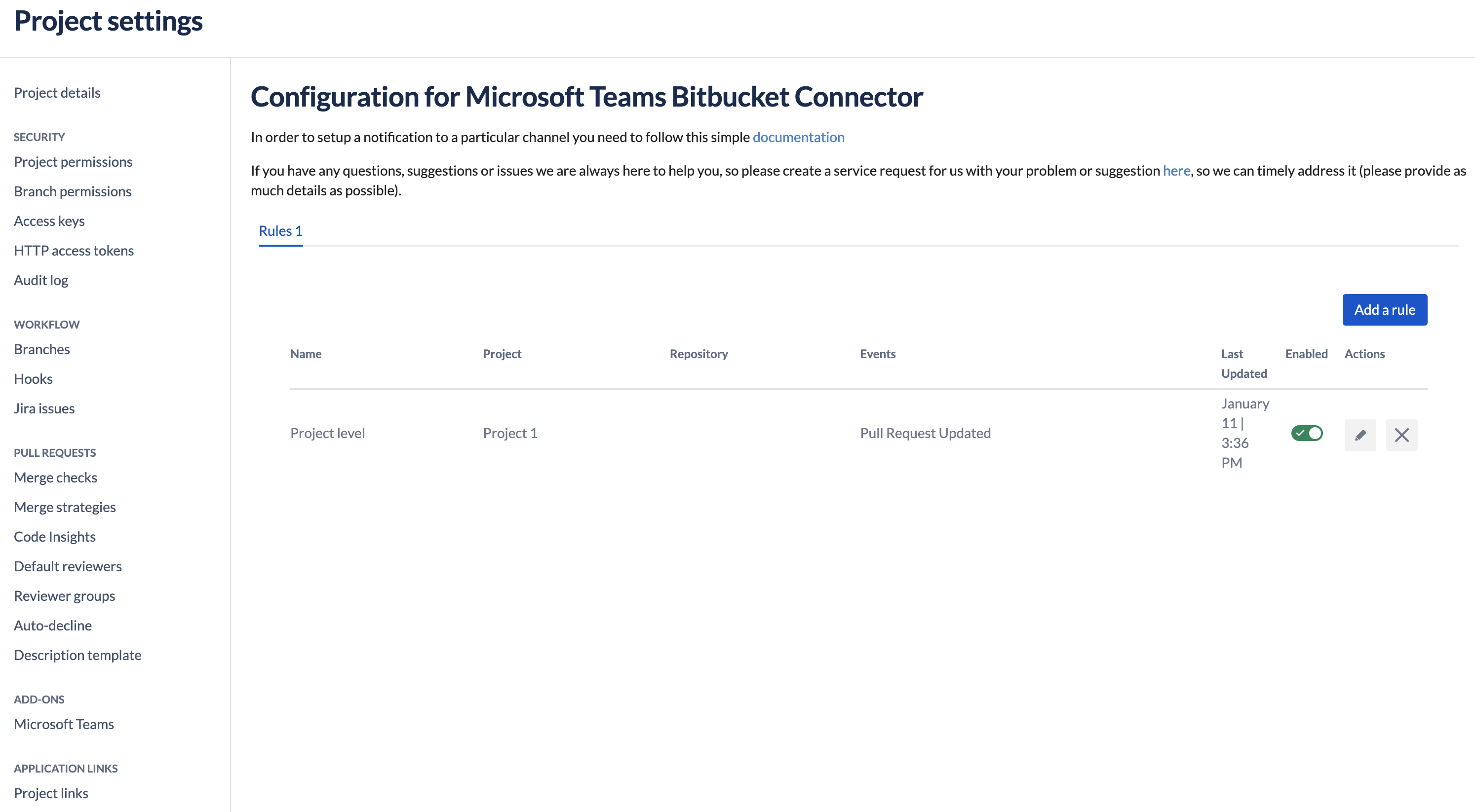 Advanced Microsoft Teams Bitbucket Connector Project settings