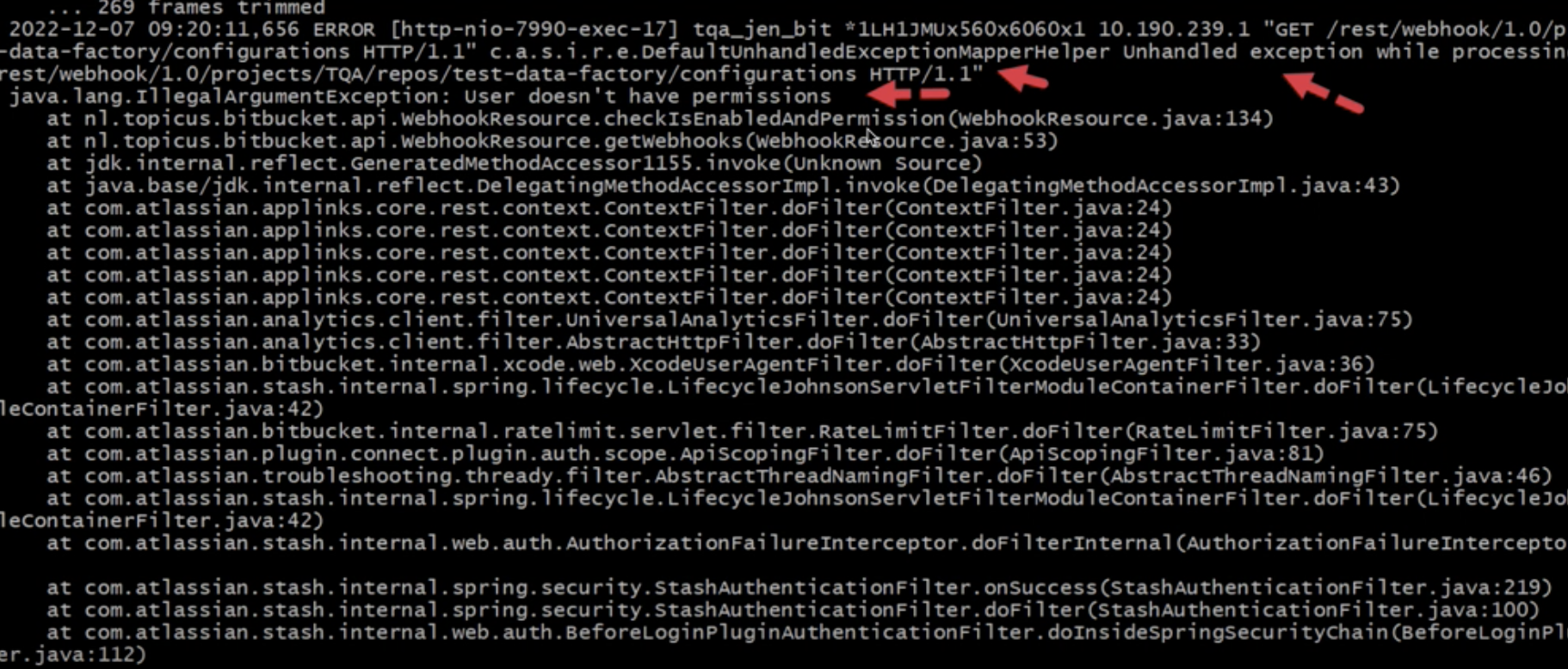 Bitbucket Post Webhooks User Does Not Have Permissions Exception