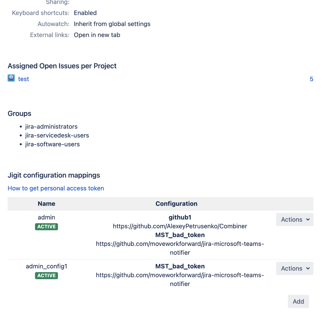 How to configure personal access token to use with the Jigit Development panel