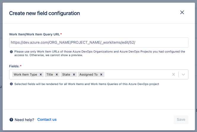 How to configure Azure DevOps work items fields to display in Confluence