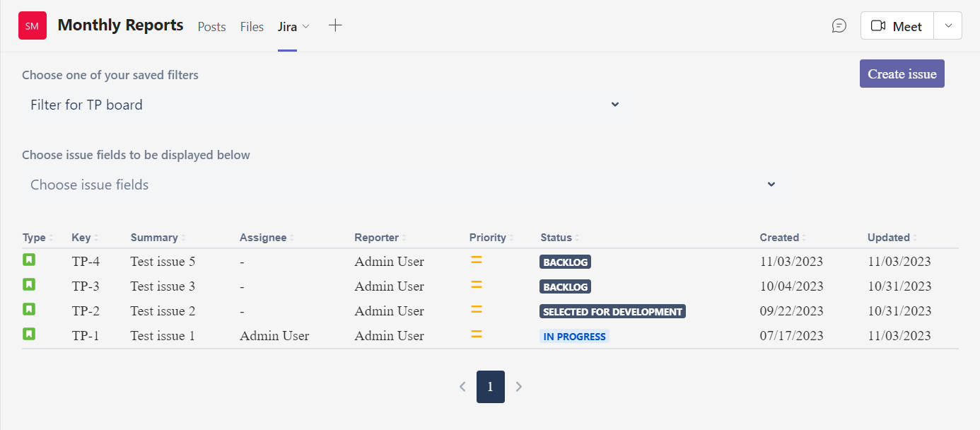 Jira tab in Microsoft teams